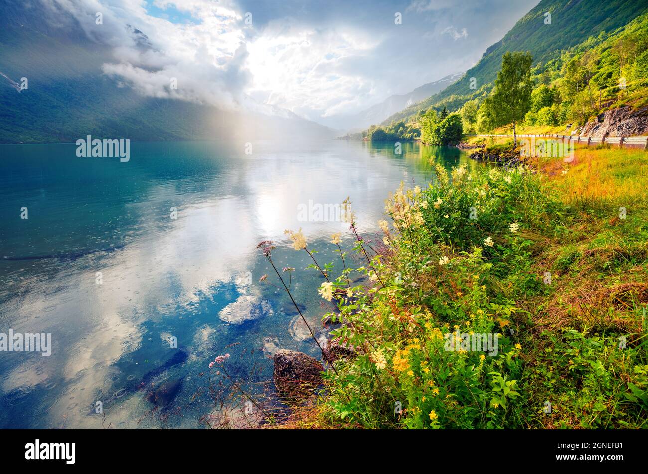 Dramatic summer view of Lovatnet lake, municipality of Stryn, Sogn og ...