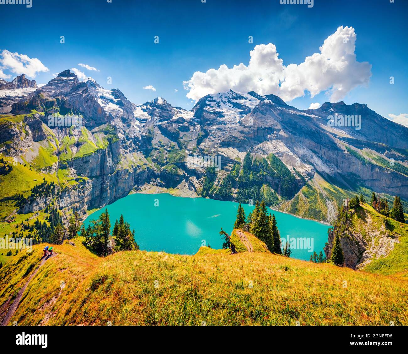 Fabulous summer morning on the unique Oeschinensee Lake. Splendid ...