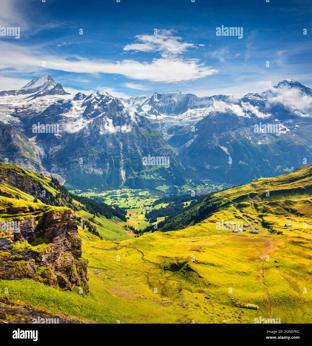 Picturesque summer view from the top of Grindelwald First cableway ...