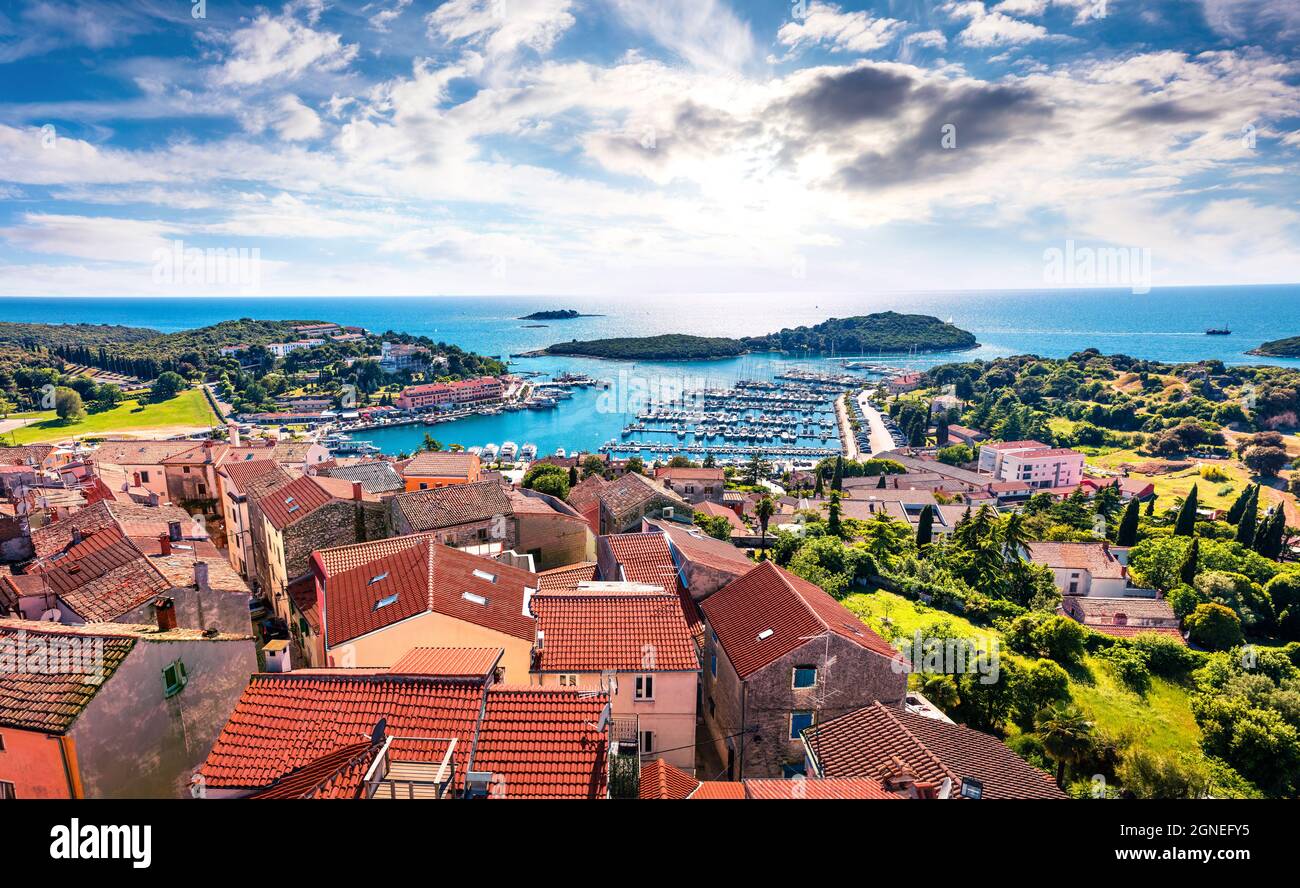 Aerial view of the port of Vrsar (Orsera) town. Colorful spring ...