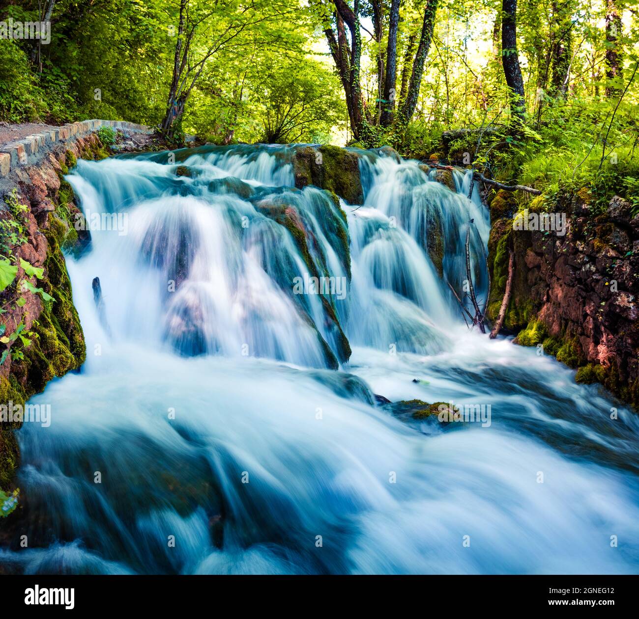 Green morning scene of Plitvice National Park. Colorful spring view of ...