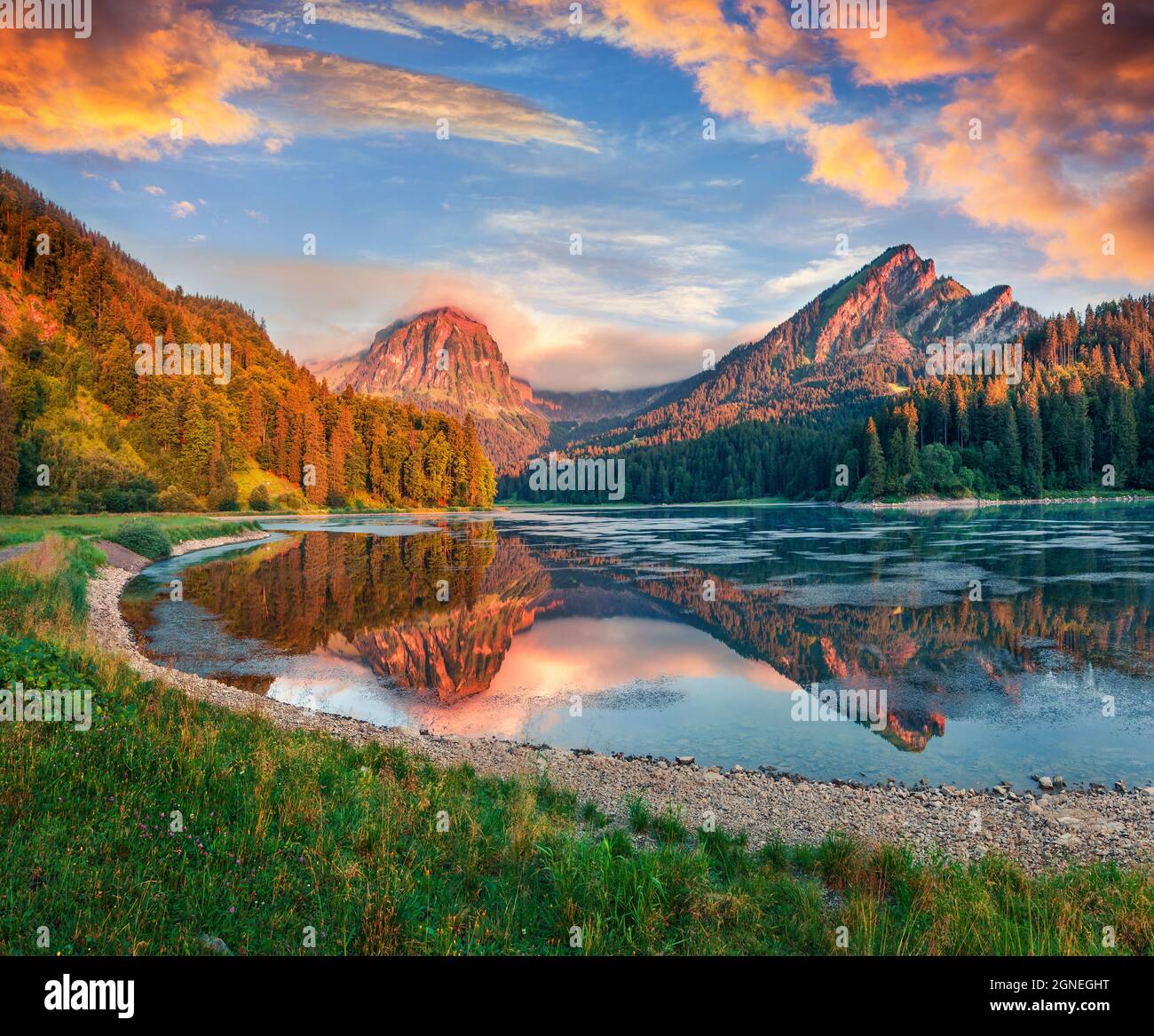 Majestic summer view of the Obersee lake. Colorful morning scene of ...