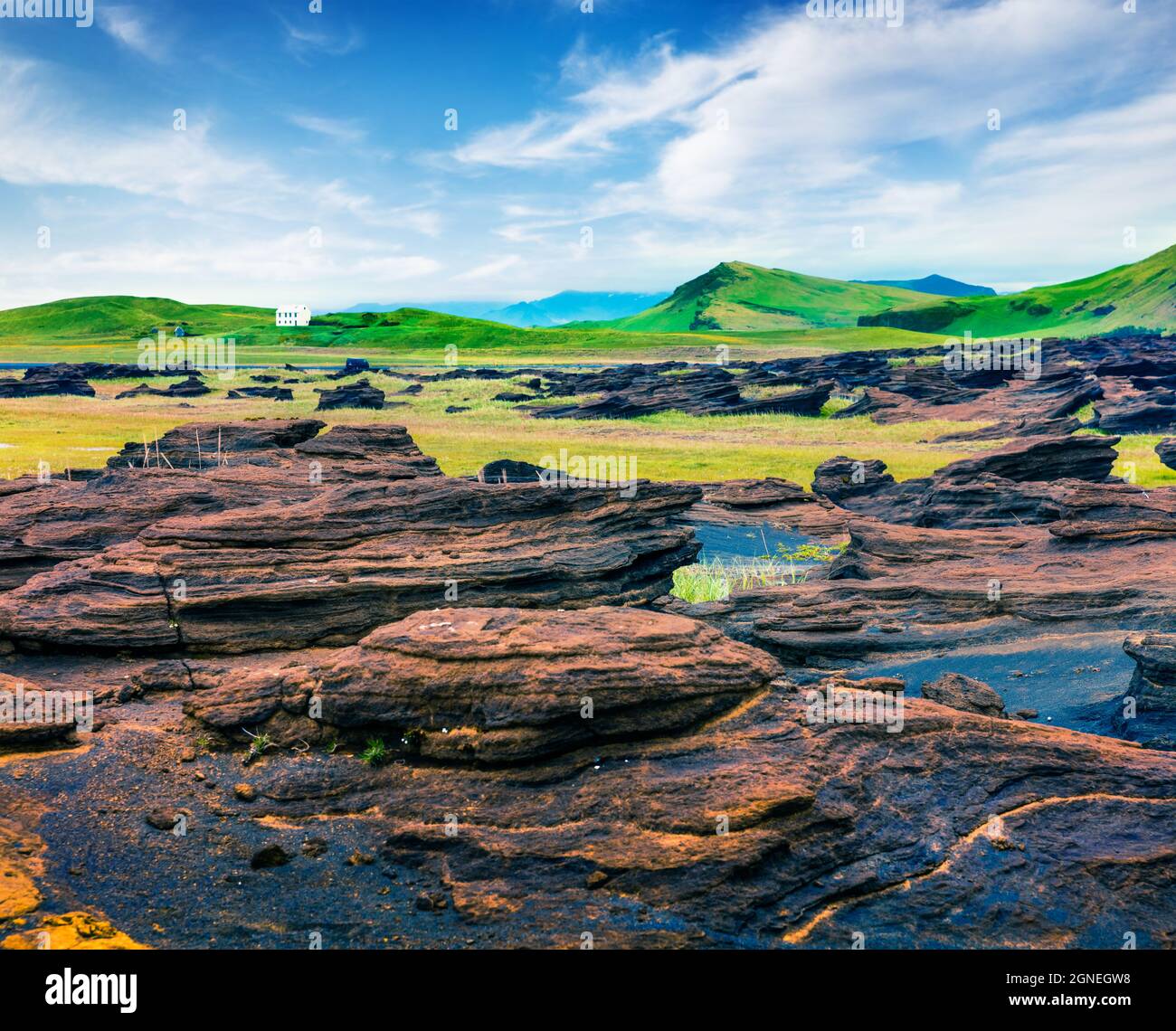 Typical Icelandic landscape on the south coast of Iceland. Colorful ...