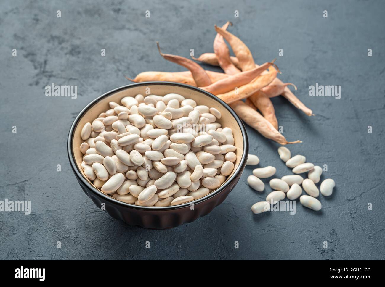 Peeled beans and in pods on a graphite background. Side view Stock ...
