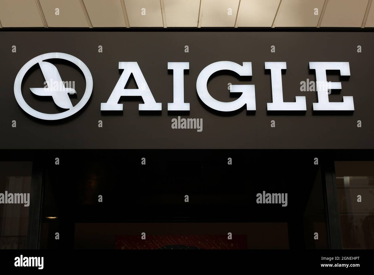 Lyon, France - September 5, 2019: Aigle logo on a wall. Aigle is a ...