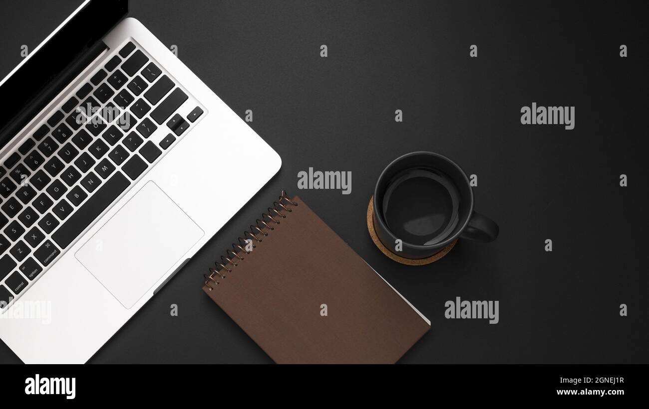 flat lay desktop with laptop cup coffee. High quality and resolution ...