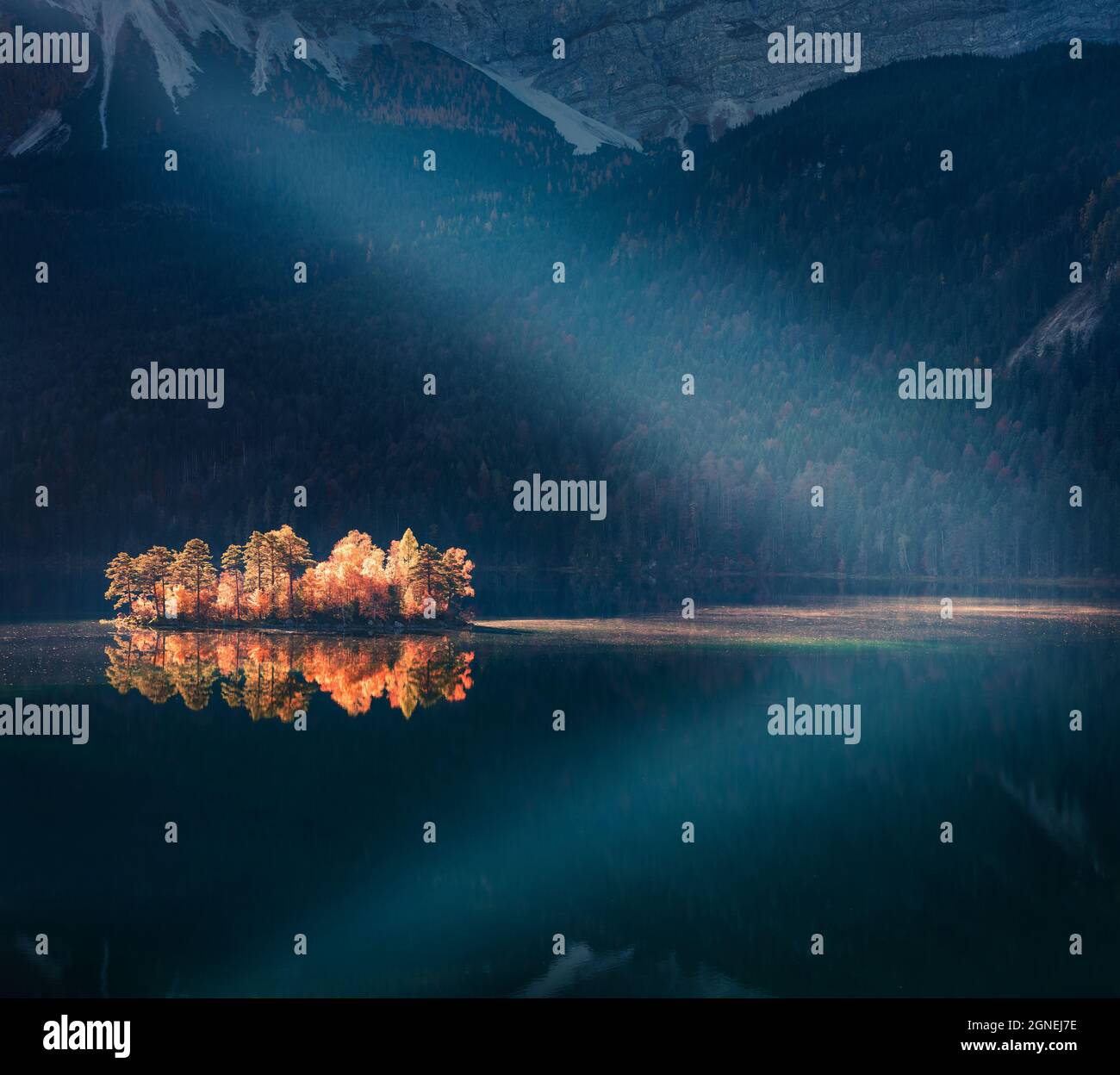 Fantastic autumn scene of Eibsee lake. Unbelievable morning view of ...