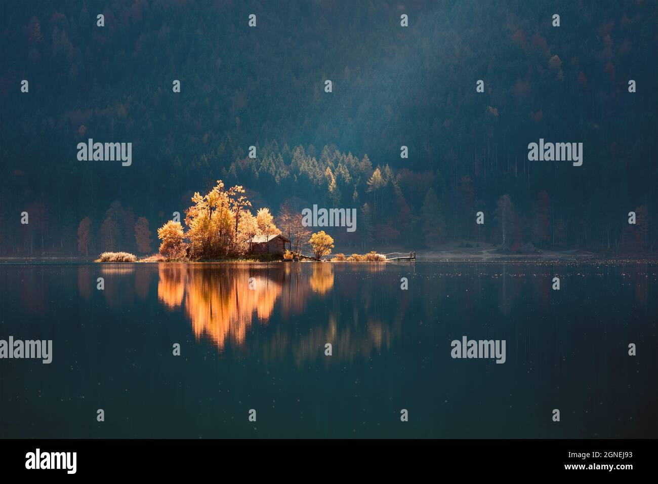 Awesome autumn scene of Eibsee lake. Unbelievable morning view of first ...