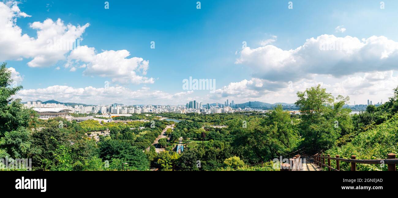 Panoramic view of Seoul city and green forest from Sky park in Korea ...