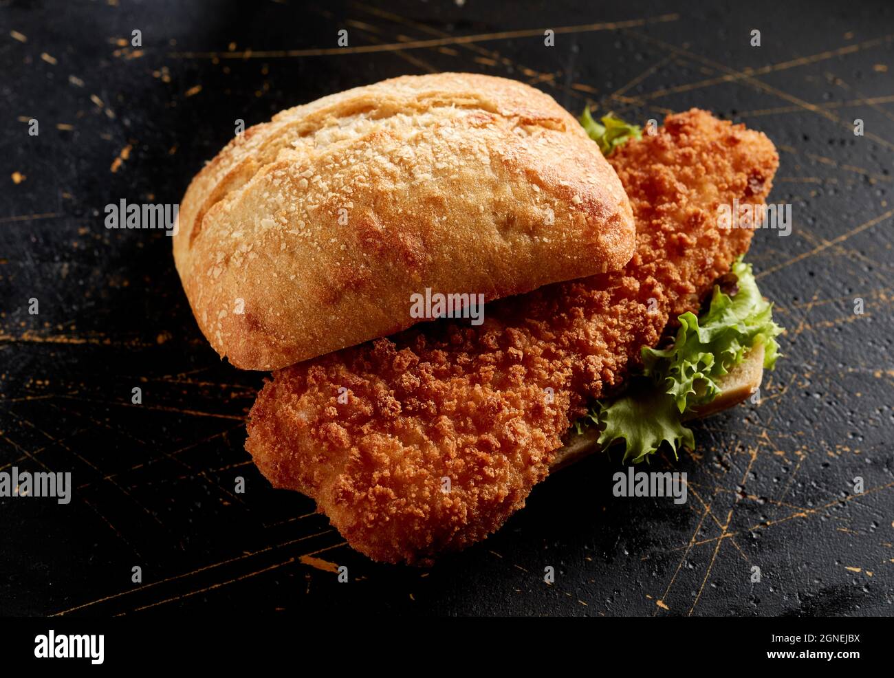 From above of delicious German sandwich with crunchy bun and crispy ...