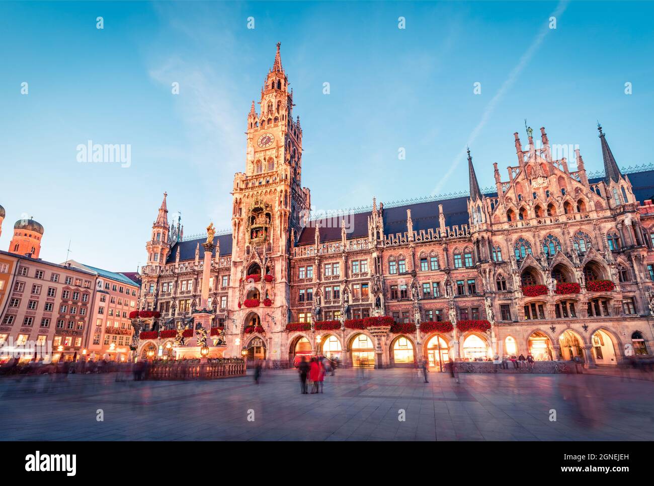 Fantastic evening view of Marienplatz - City-center square & transport ...