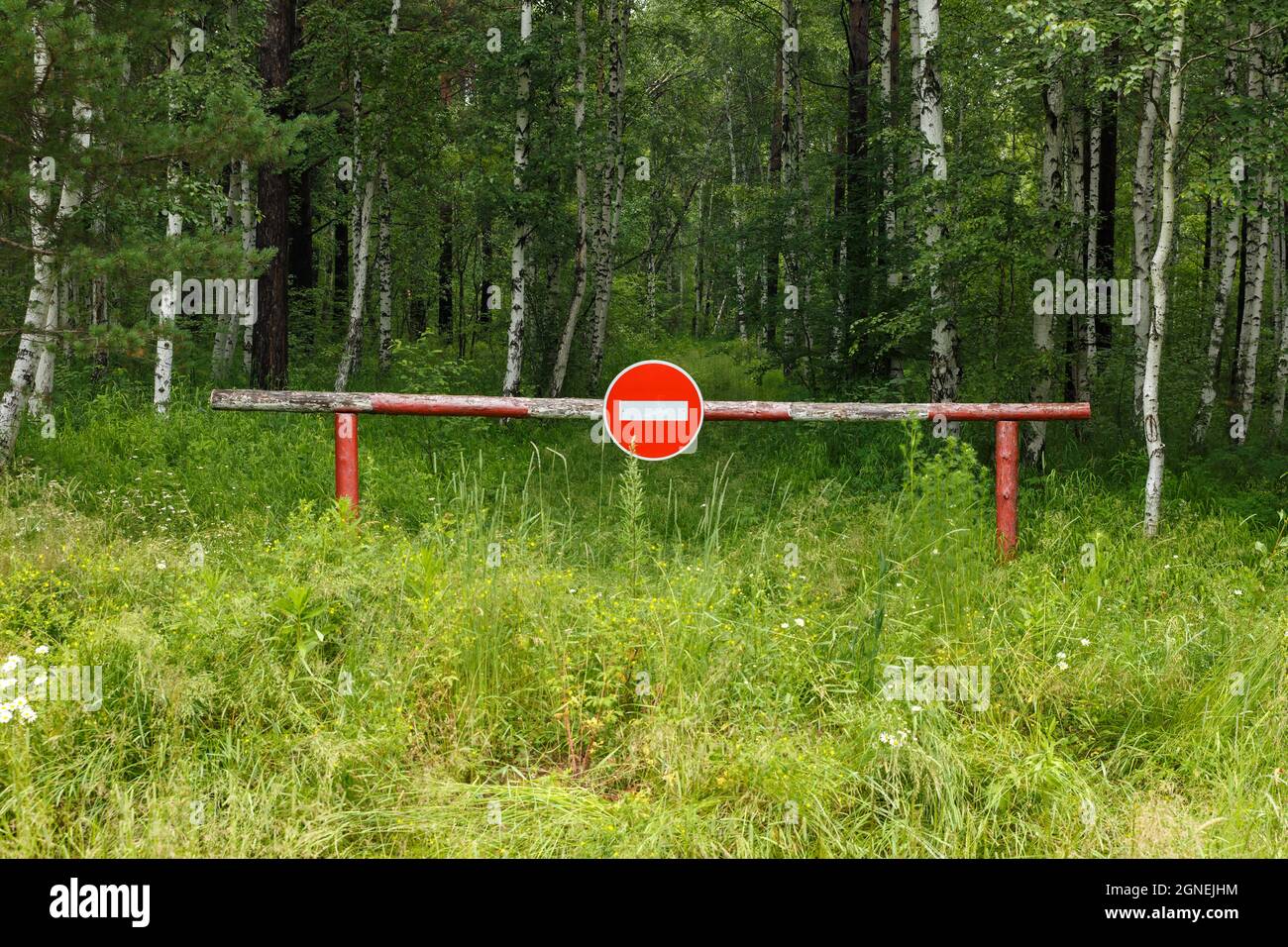 Closed barrier and prohibition sign near the forest. Entry into the ...