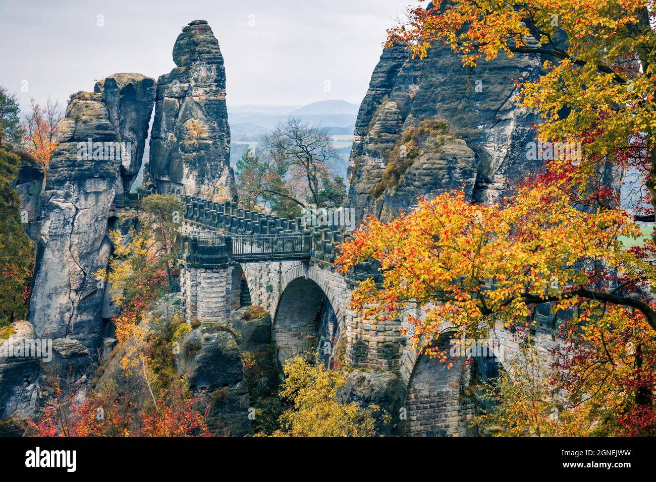 Fabulous autumn view of Bastei bridge. Picturesque morning panorama of ...
