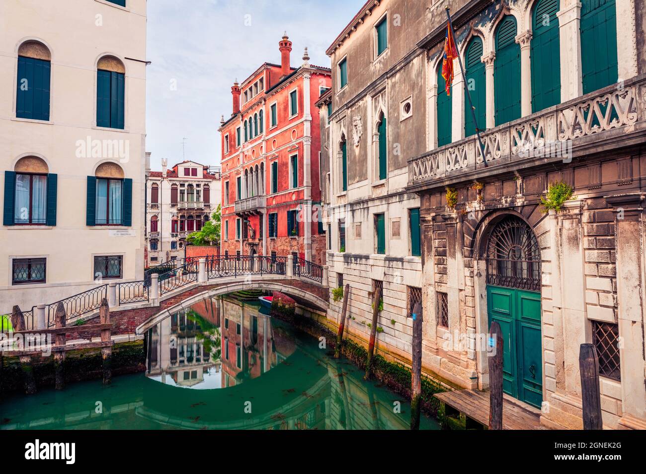Bright spring view of Vennice with famous water canal and colorful houses. Splendid morning ...