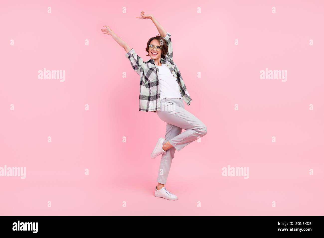 Full length photo of young cheerful woman happy positive smile have fun ...