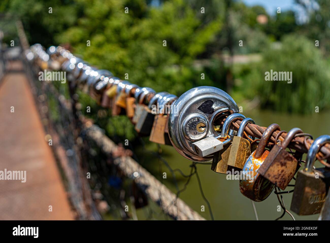 Different coloured locks left on the wire railing of a 100 year old ...