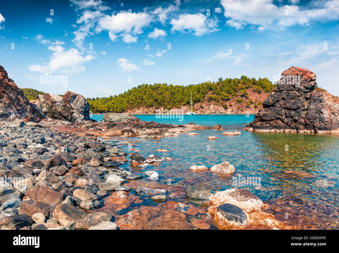 Sunny Mediterranean seascape in Turkey. Bright view of a small azure ...