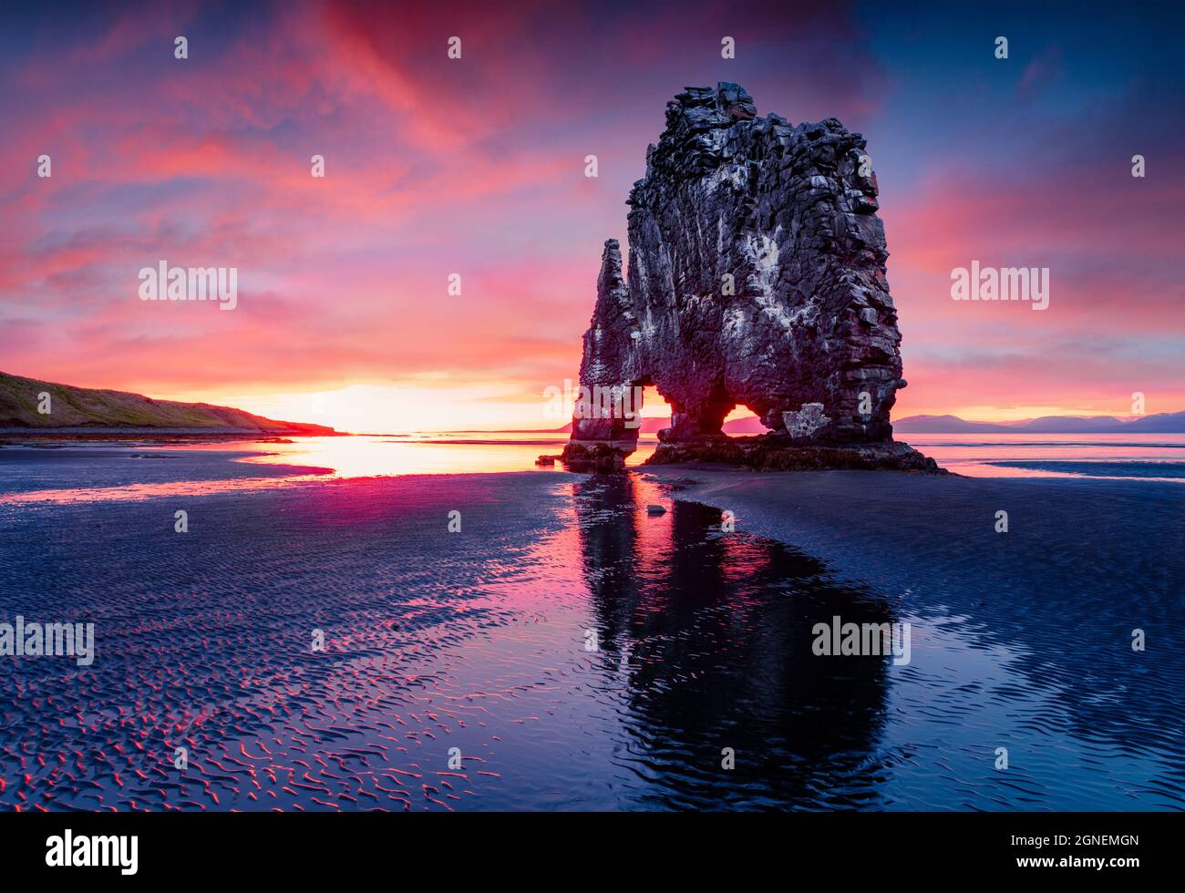 Huge basalt stack Hvitserkur on the eastern shore of the Vatnsnes ...