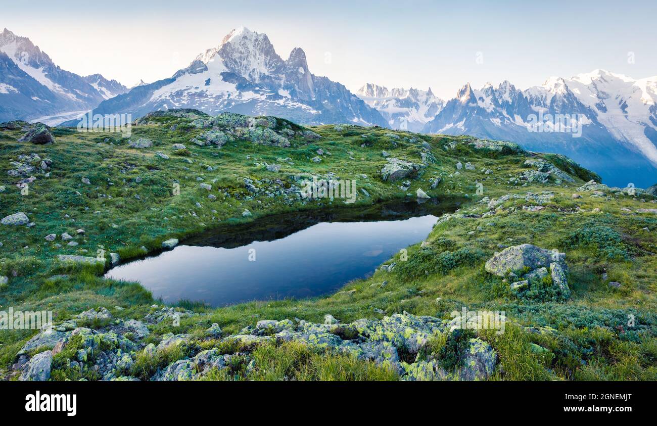Nice summer view of the Lac Blanc lake with Mont Blanc (Monte Bianco ...