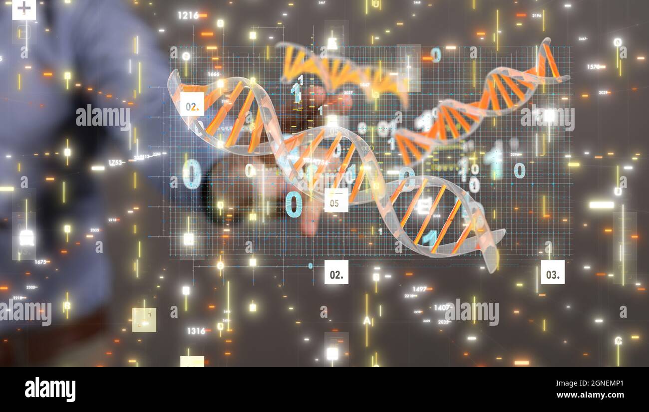 3d illustration of abstract transparent DNA structures with a man's ...