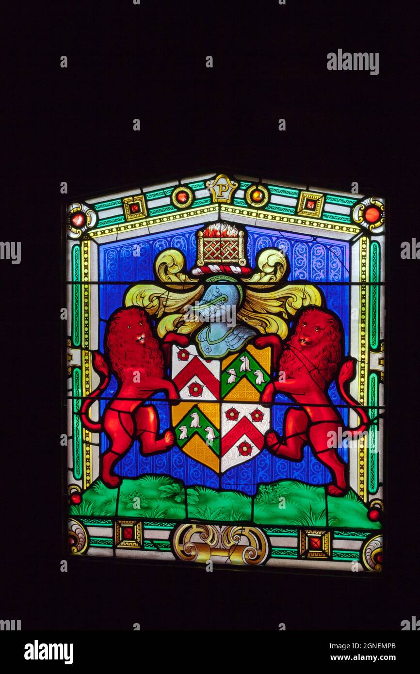 A stained glass window of the Phelips family coast of arms in Montacute ...