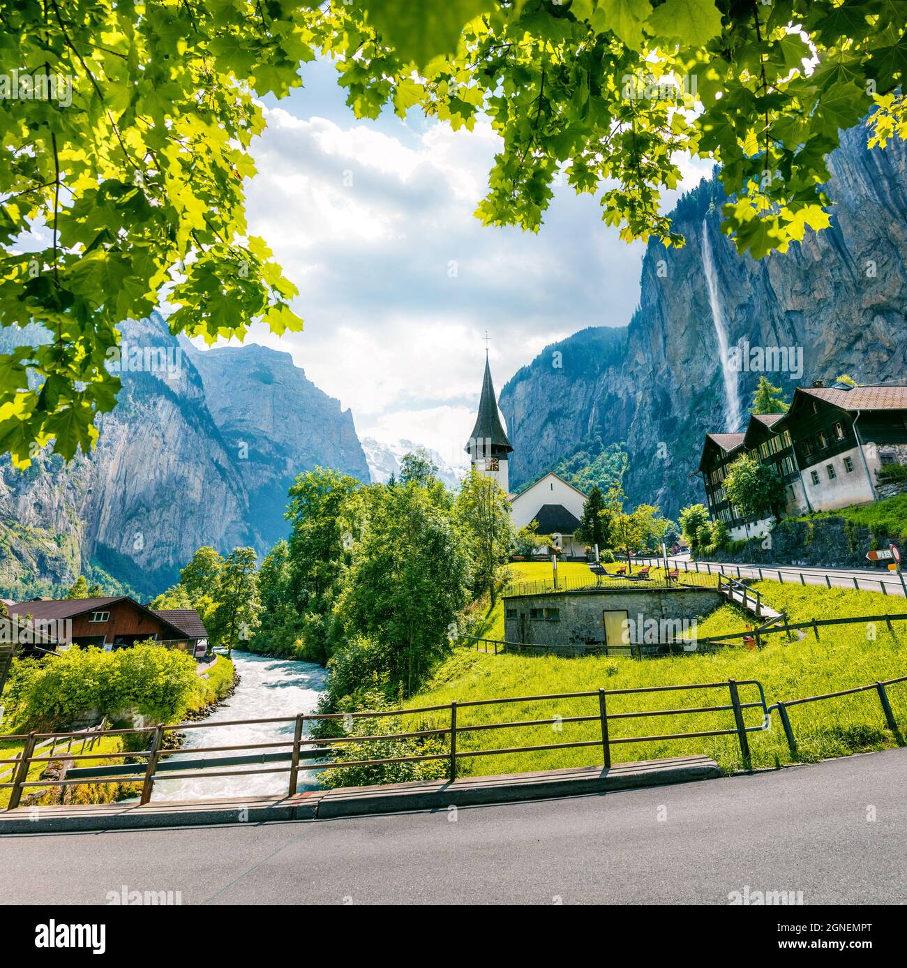 Sunny summer view of great waterfall in Lauterbrunnen village. Splendid ...