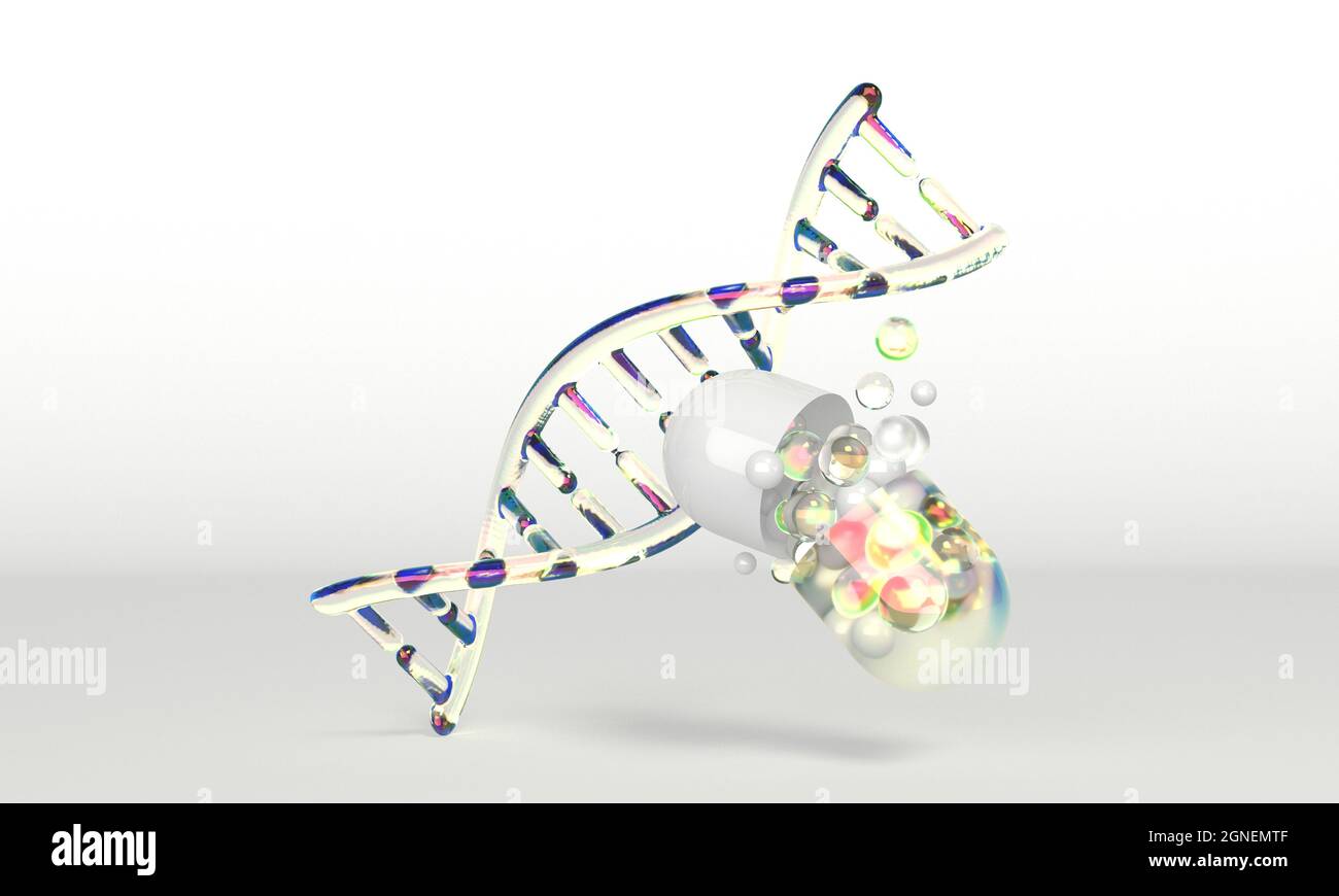 3d illustration of transparent DNA structure and an abstract capsule ...