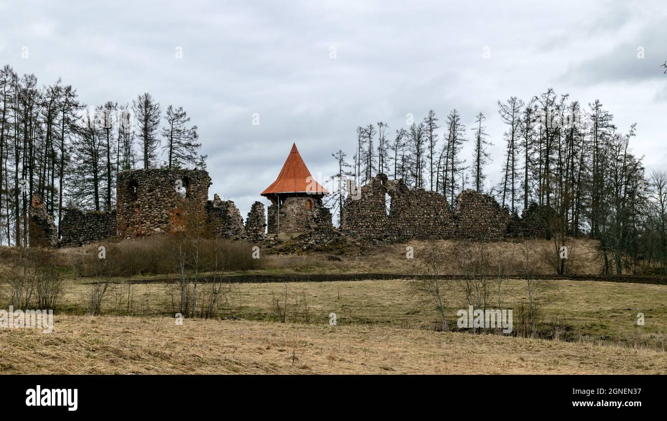 early spring landscape with a view of the castle ruins, the new bright ...
