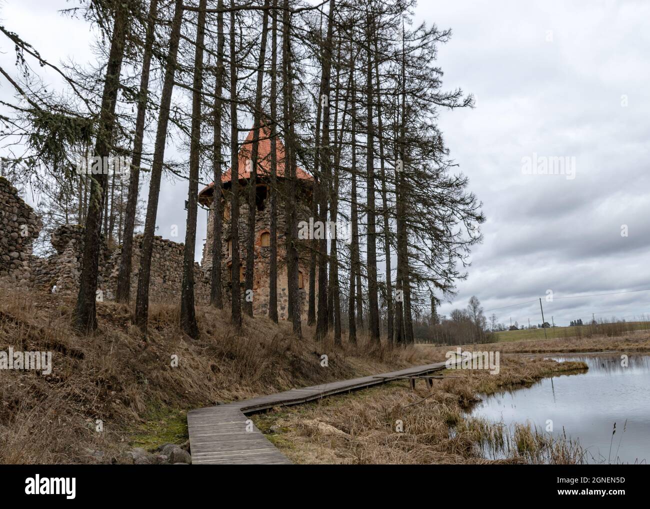 early spring landscape with a view of the castle ruins, the new bright ...