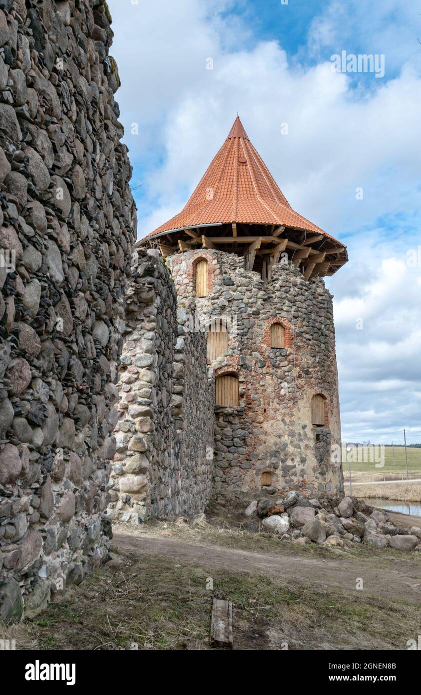 early spring landscape with a view of the castle ruins, the new bright ...