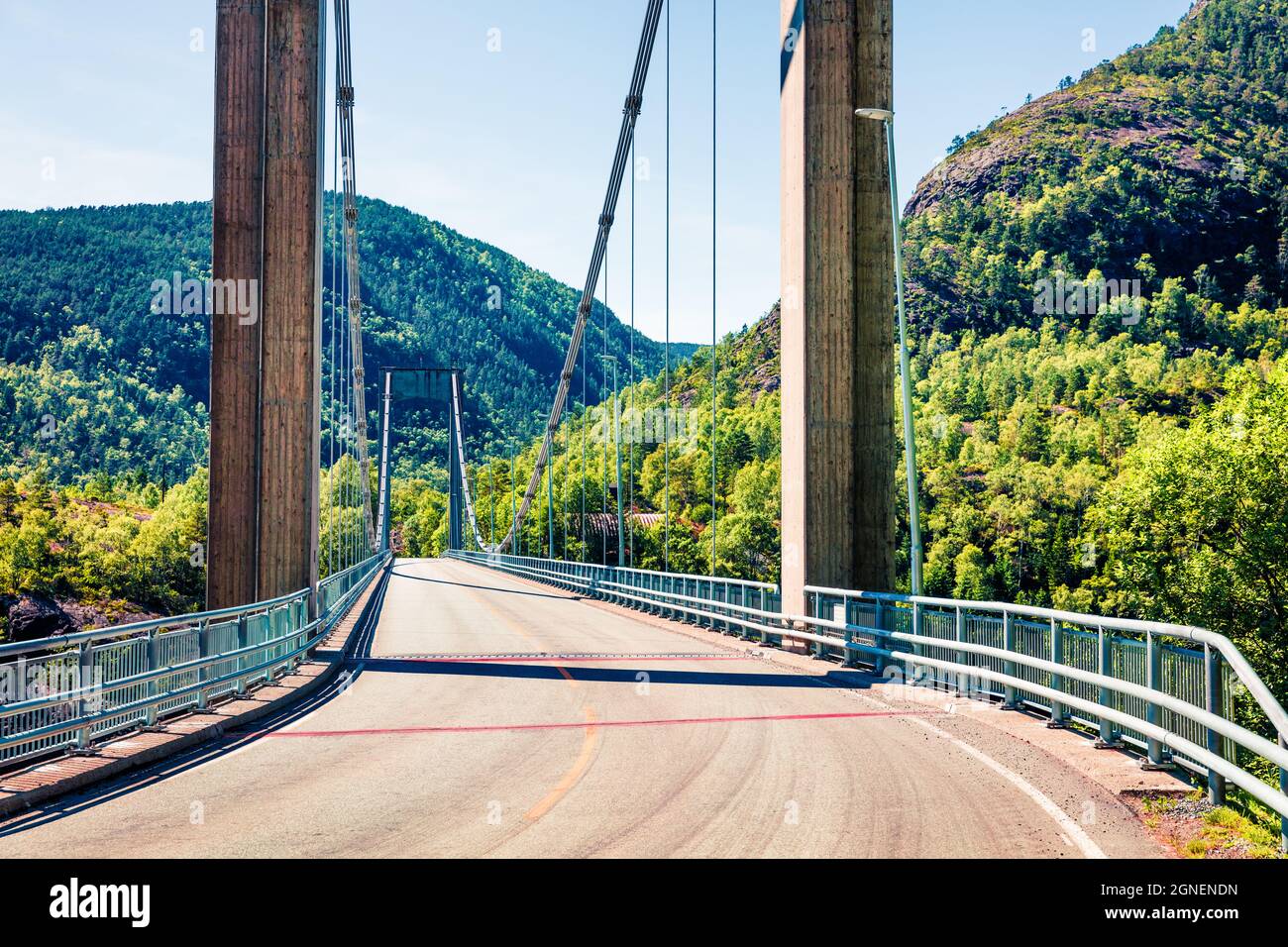 Typical Norwegian view of the bridge across the fjord. Colorful summer ...