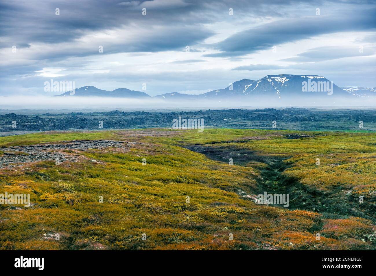 Typical Icelandic landscape with foggy mountains on the horizon ...
