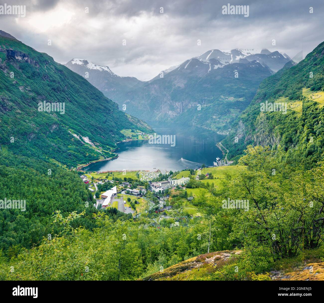 Picturesque summer scene of Geiranger port, western Norway. Aerial ...
