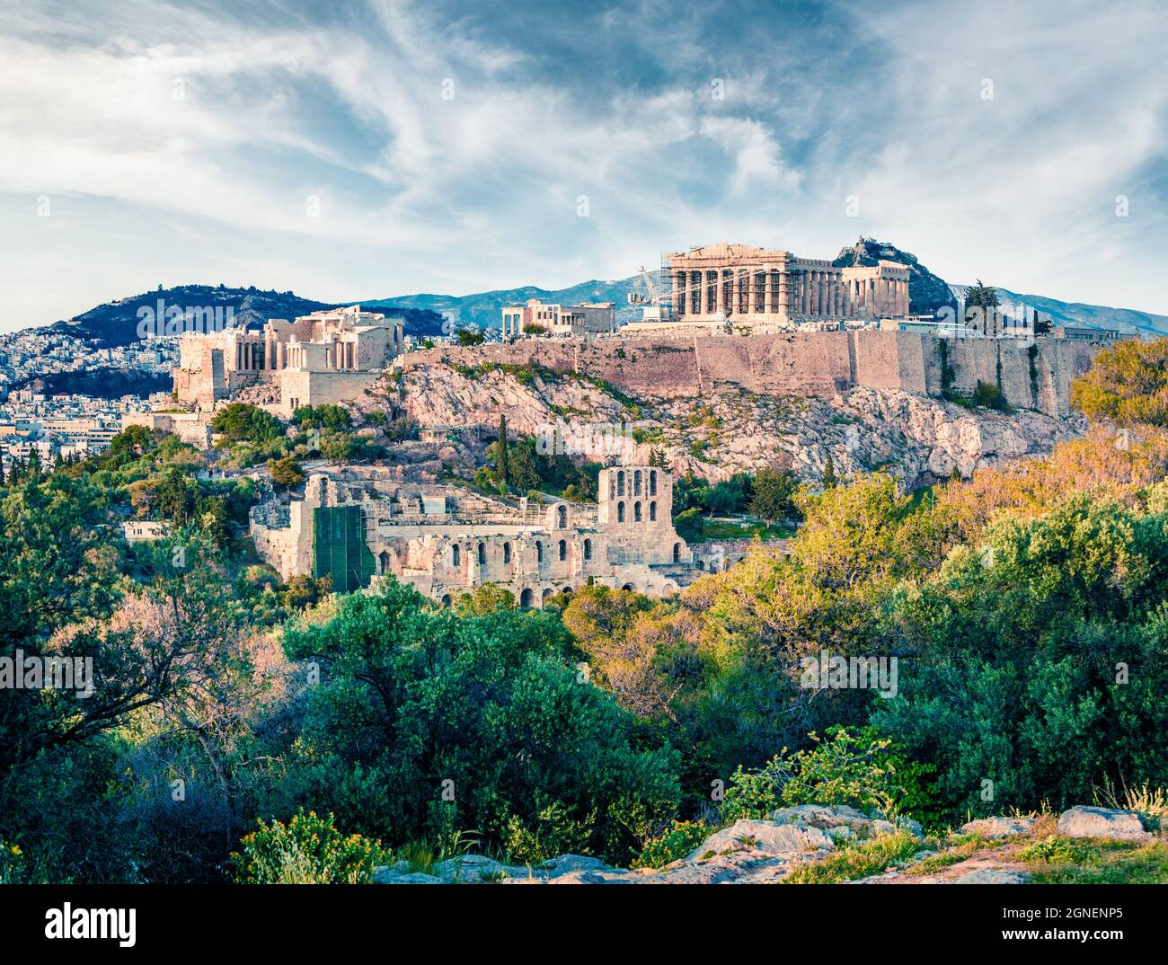Beautiful spring view of Parthenon, former temple, on the Athenian ...