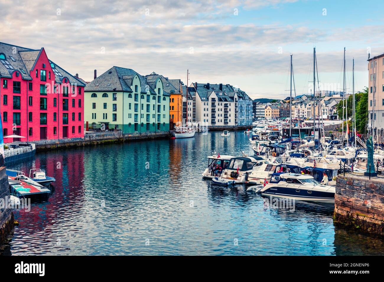 Splendid summer view of Alesund port town on the west coast of Norway ...