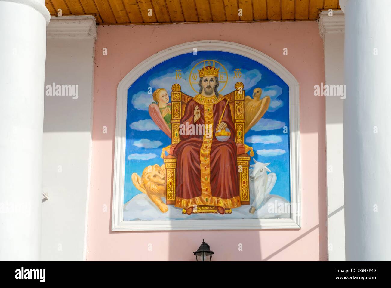 Icon on the wall Church of the Ascension of the Lord on a winter day in the city of Kimry, Tver ...