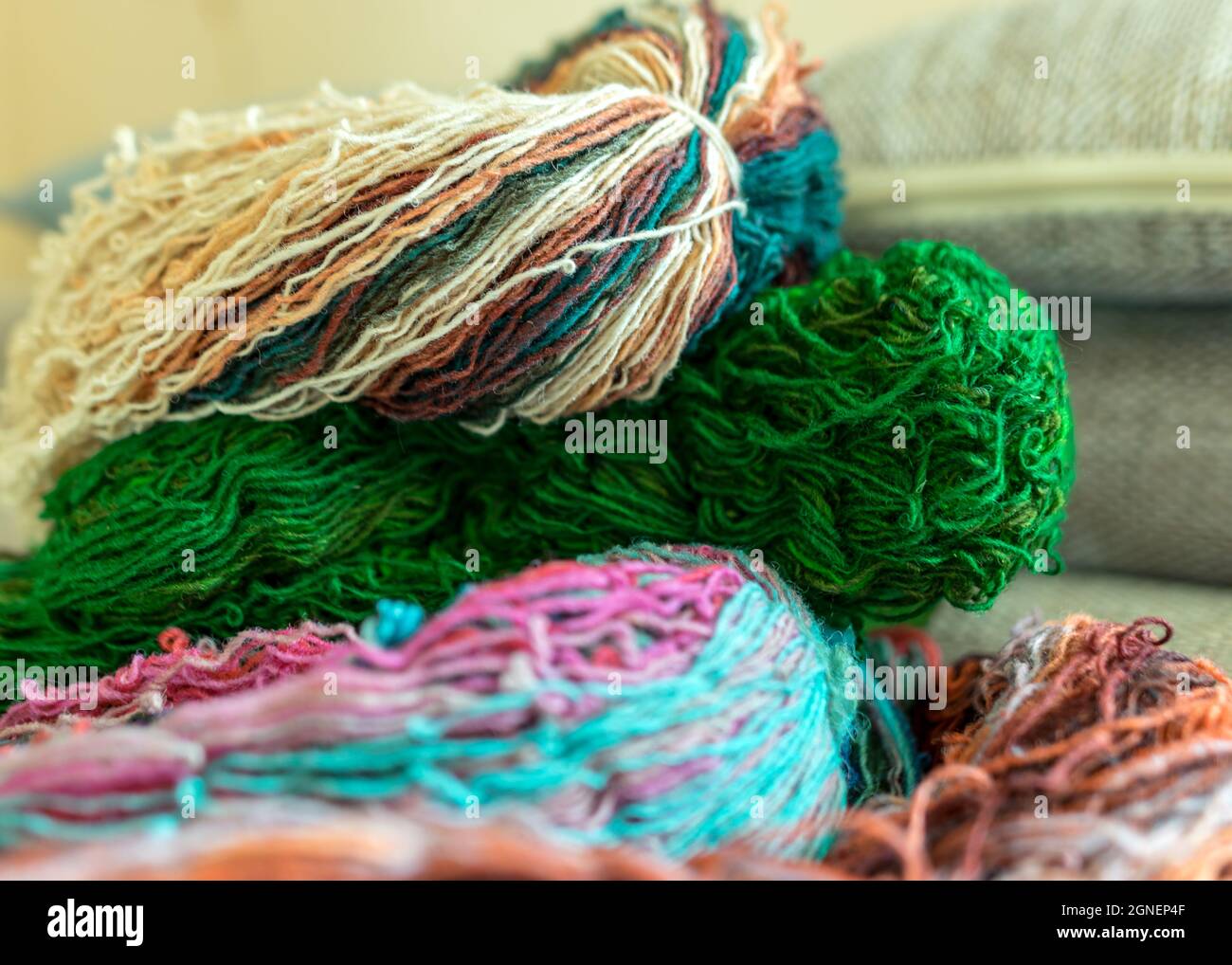 photography with colorful, variegated, bright wool yarn fragments ...