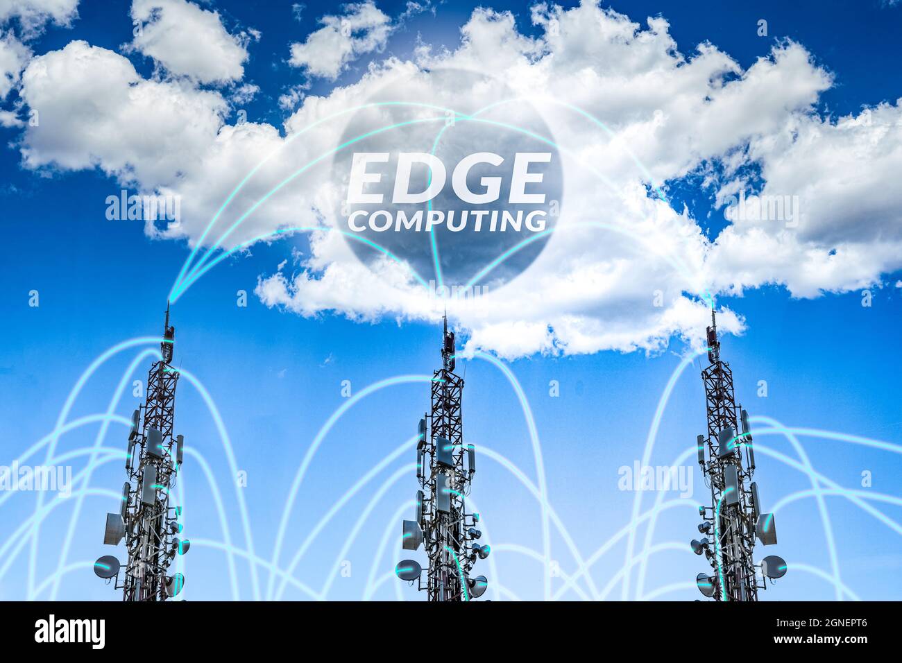 Telecommunication towers connected to each other and the cloud. Edge ...