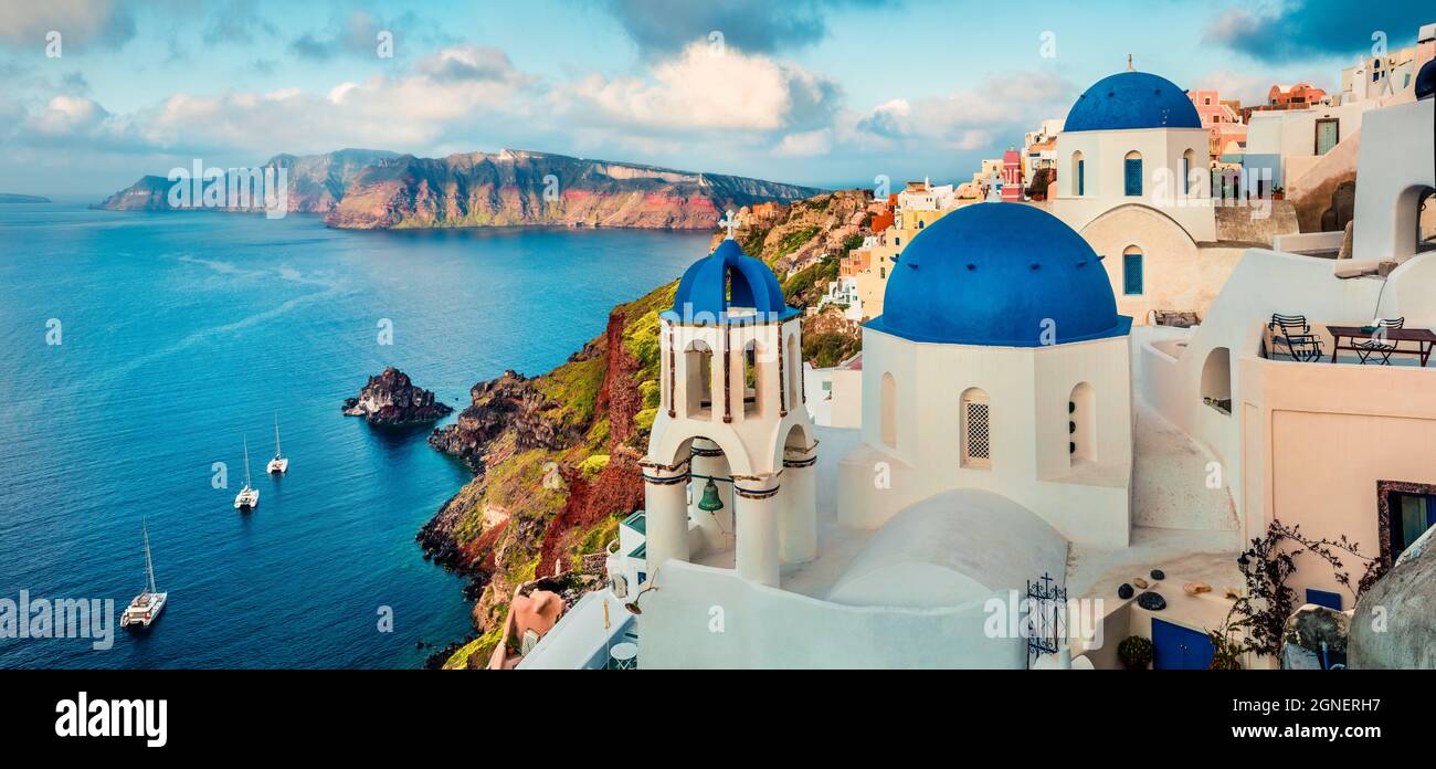 Stunning morning panorama of Santorini island. Splendid spring sunrise ...