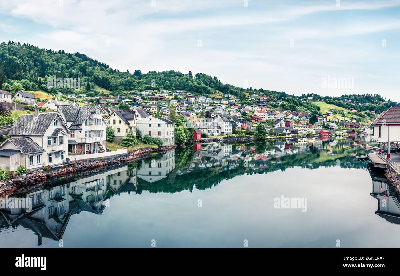 Beautiful summer view of Norheimsund village, located on the northern ...