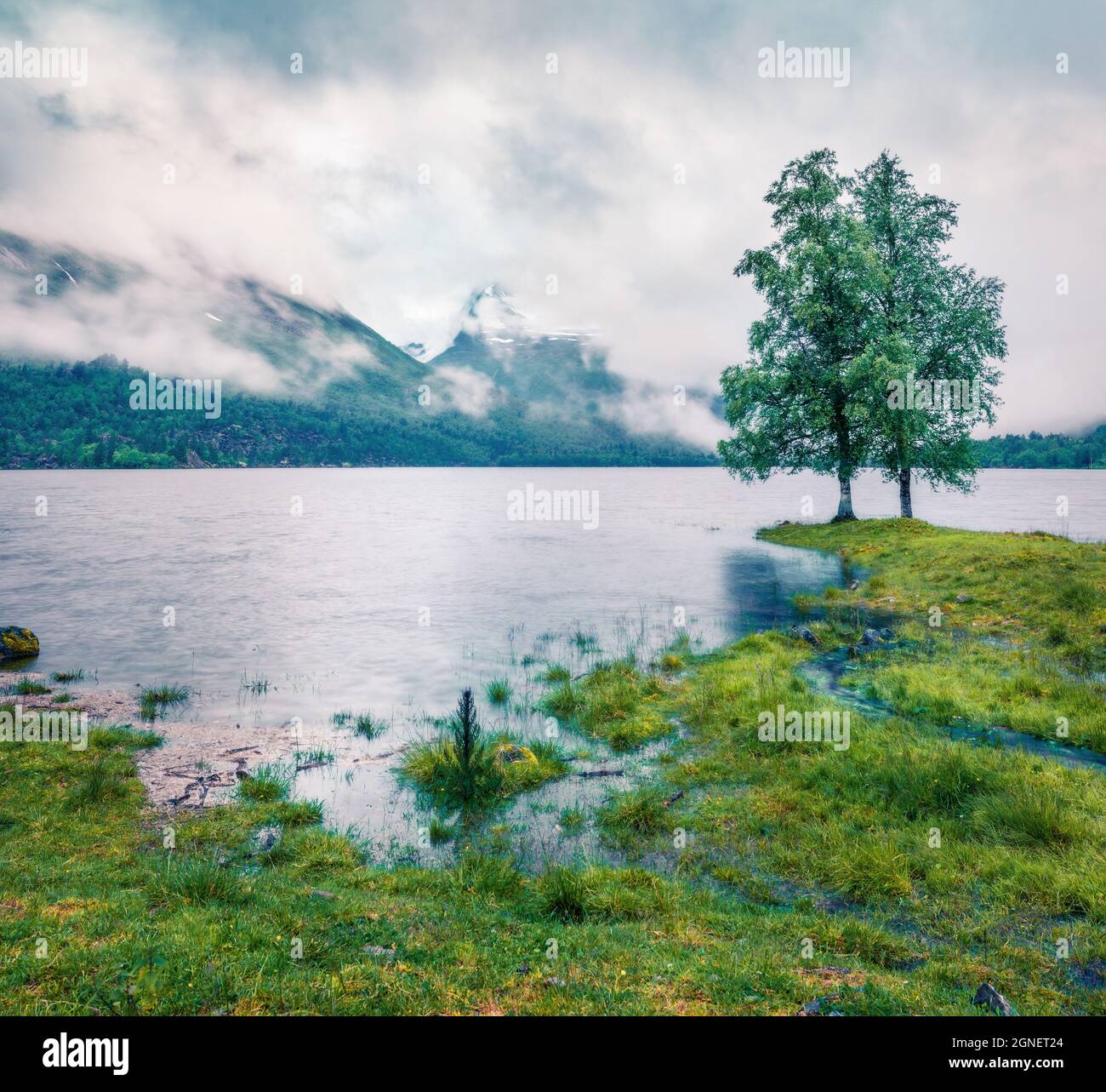 Fabulous summer view of the Innerdalsvatna lake. Romantic morning scene ...