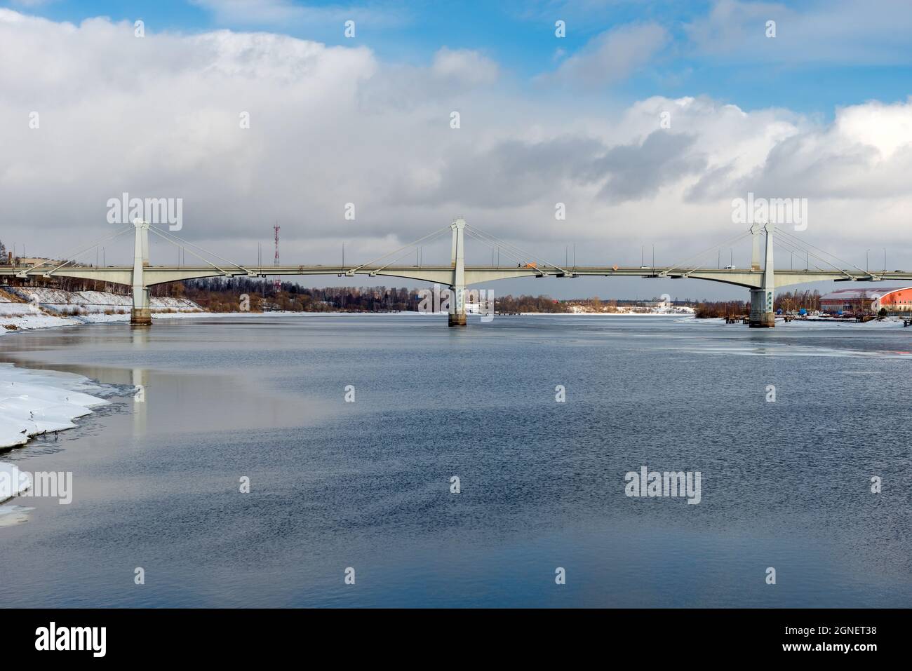 View of the road bridge across the Volga in the city of Kimry on a ...