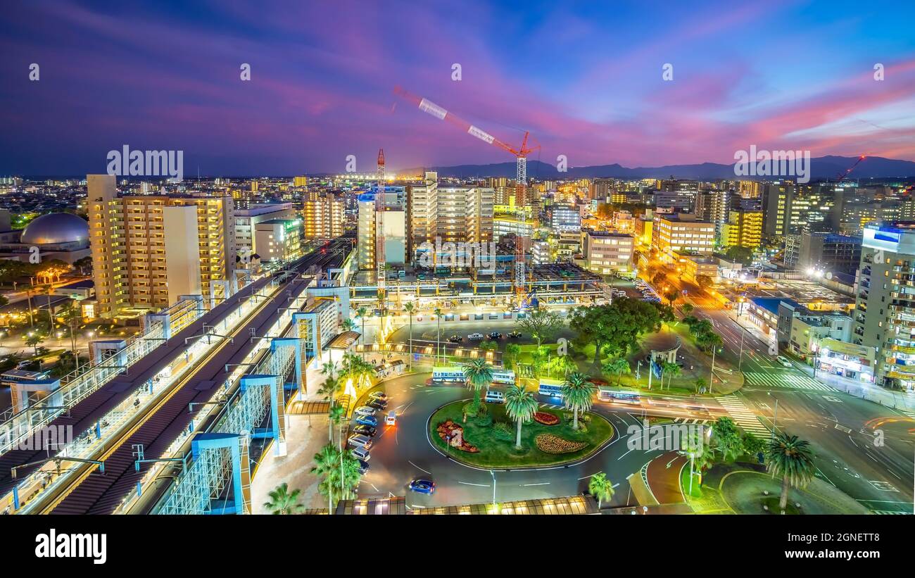 Miyazaki city downtown skyline cityscape in Kyushu, Japan at sunset ...