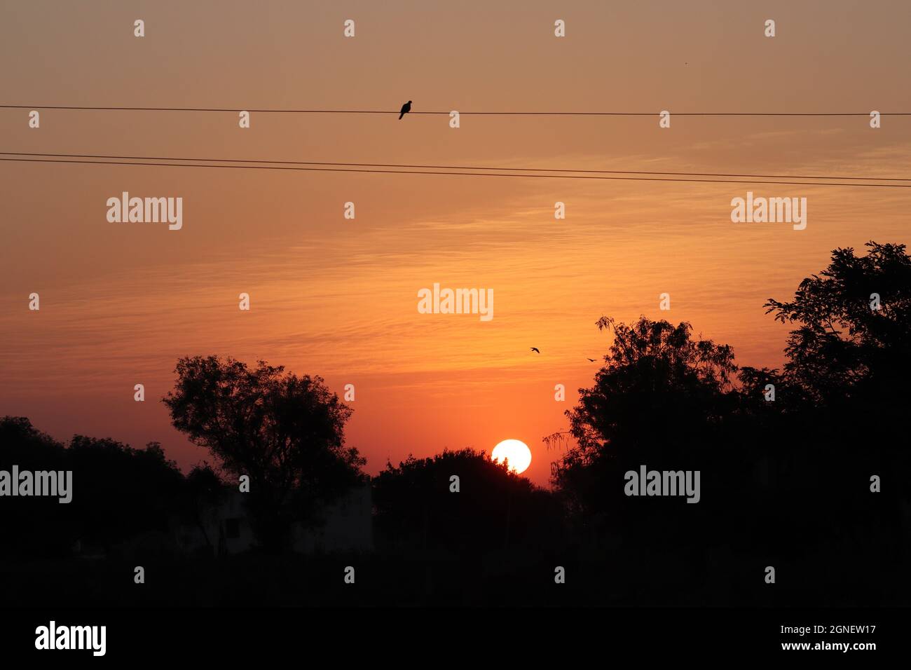 view of full round yellow bright sun and dim sunlight,Sunset behind ...