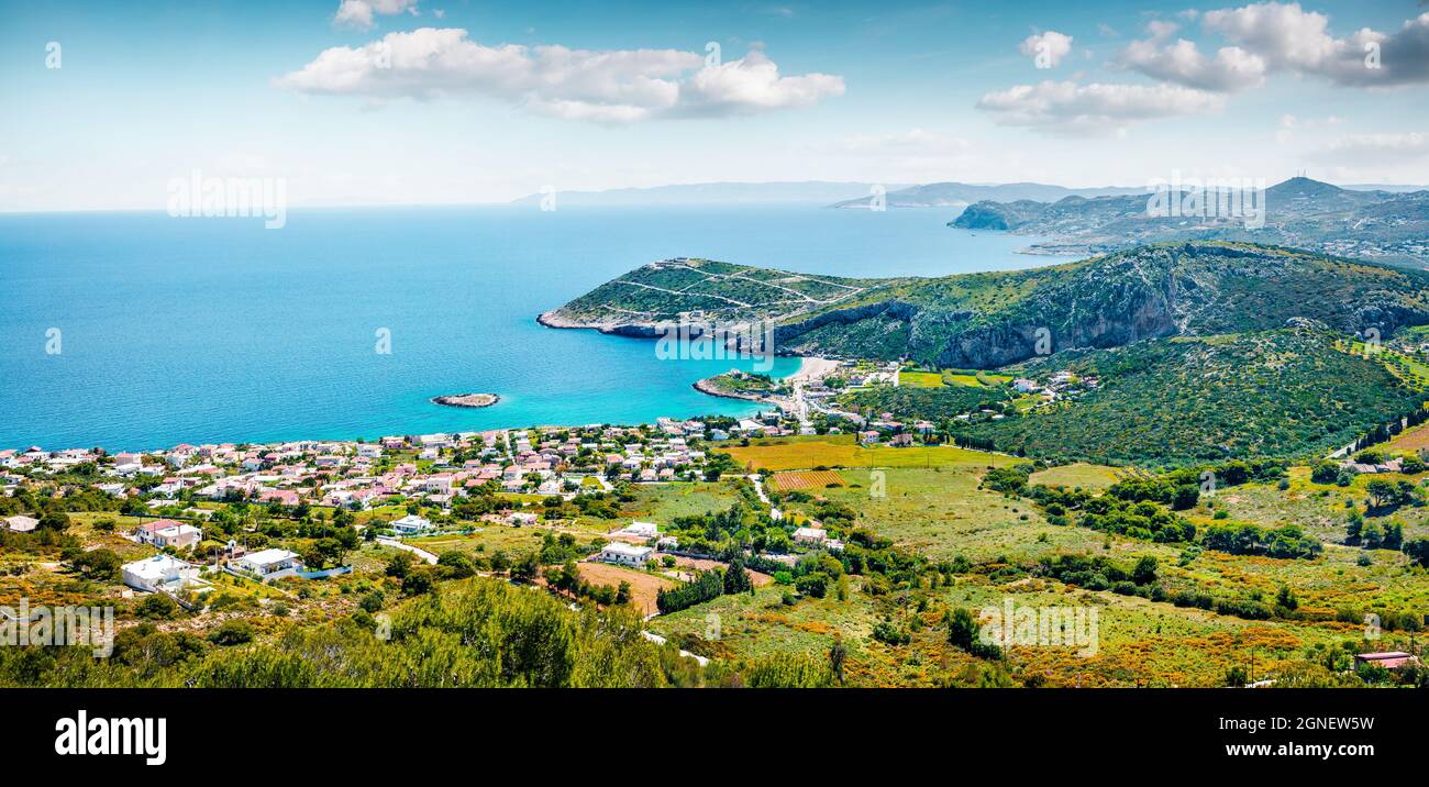 Aerial panorama of Paralia Kakis Thalassis village. Bright spring ...