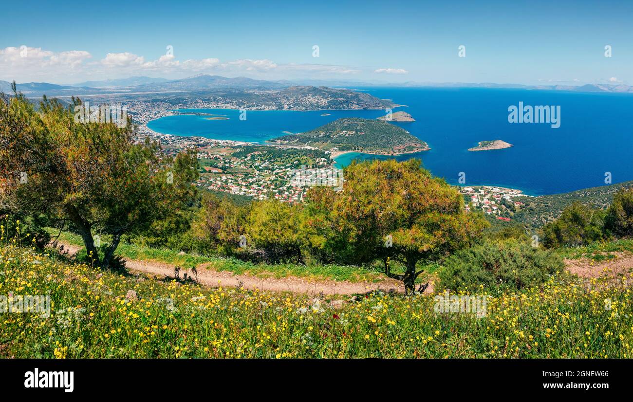Aerial view of Porto Rafti town. Colorful spring seascape of Aegean sea ...