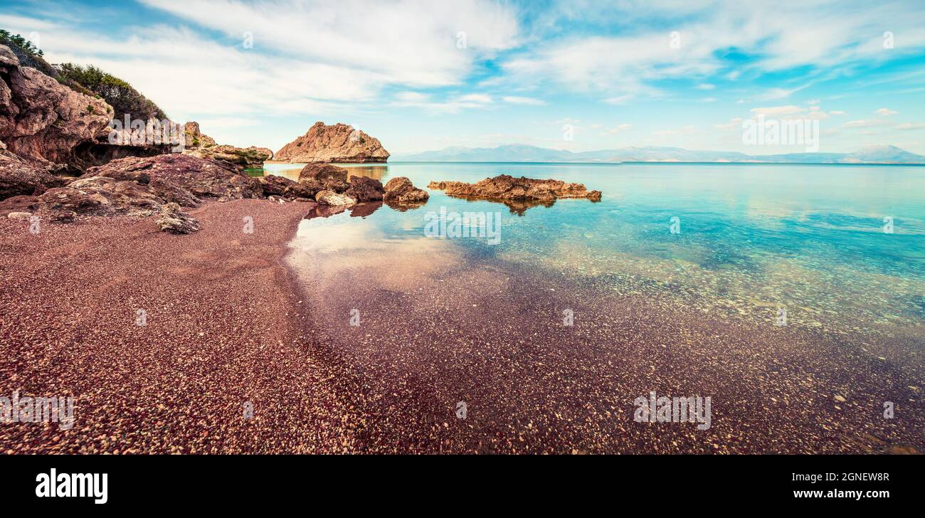 Bright spring panorama on cozy beach in northeastern Corinthia, Greece ...