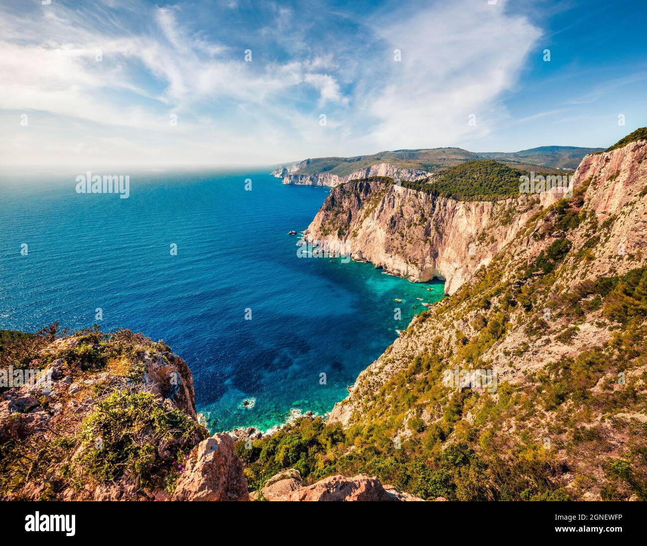 Aerial spring view of high cliffs on the Ionian Sea. Sunny morning ...