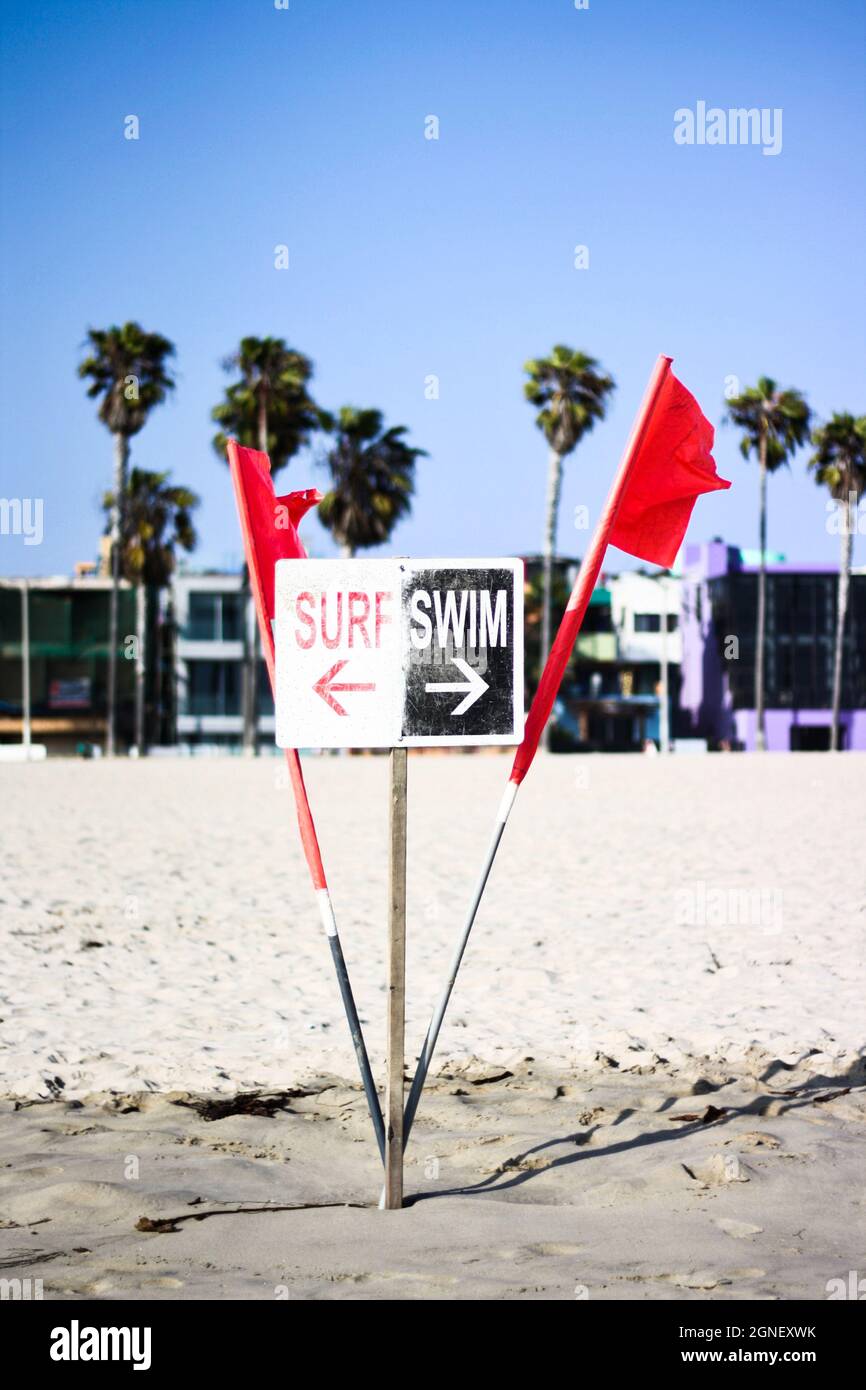 California Surfing - surf and swim sign on Venice Beach in Los Angeles ...