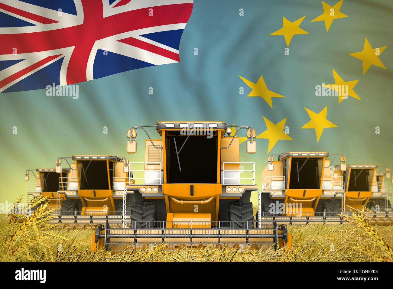 industrial 3D illustration of many yellow farming combine harvesters on ...